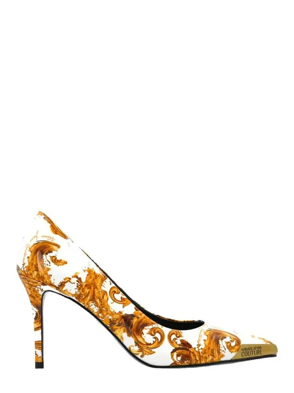 Versace Baroque Print Pointed Toe Pumps With Gold Tone Cap Toe - Gold-tone, White