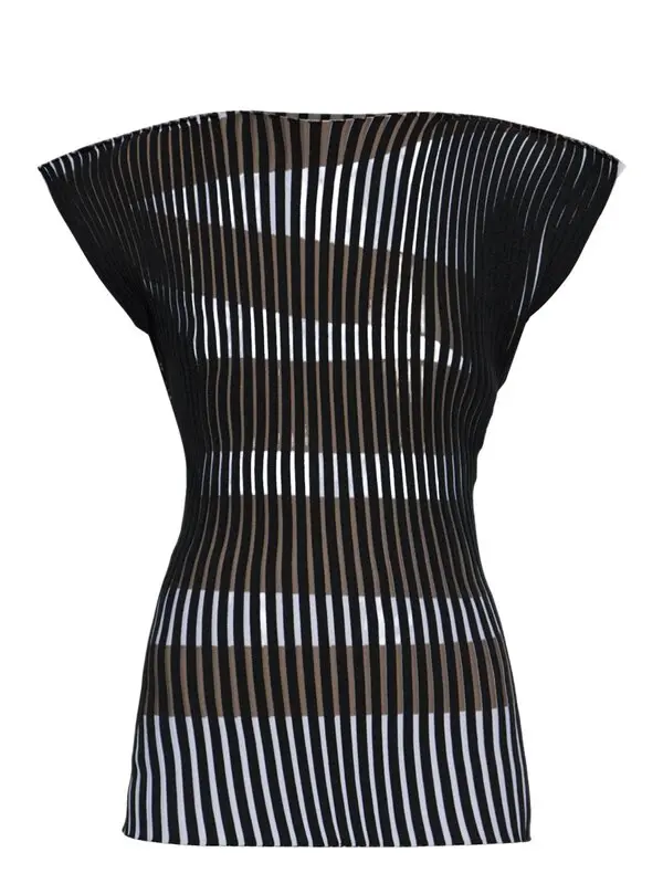 Issey Miyake Striped Pleated Top With Frayed Cuffs - Black