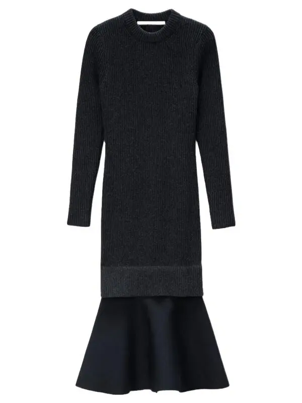 Alexander Wang Ribbed Long Sleeve Midi Dress With Flared Hem - Charcoal-grey
