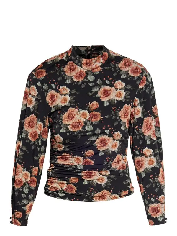 IRO PARIS Long Sleeve Floral Ruched Top - Black
