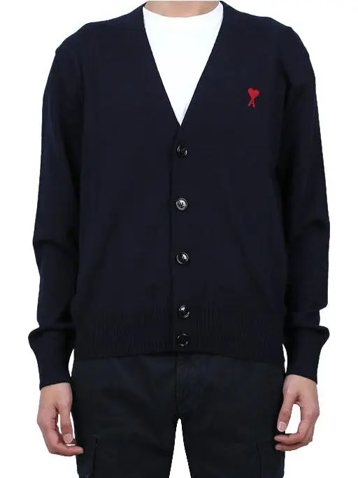 Ami Heart Logo Embroidered Wool Cardigan - Navy Blue