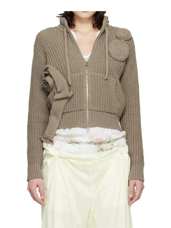 OPEN YY Knitted Zip-up Sweater With Appliqué Detailing - Khaki