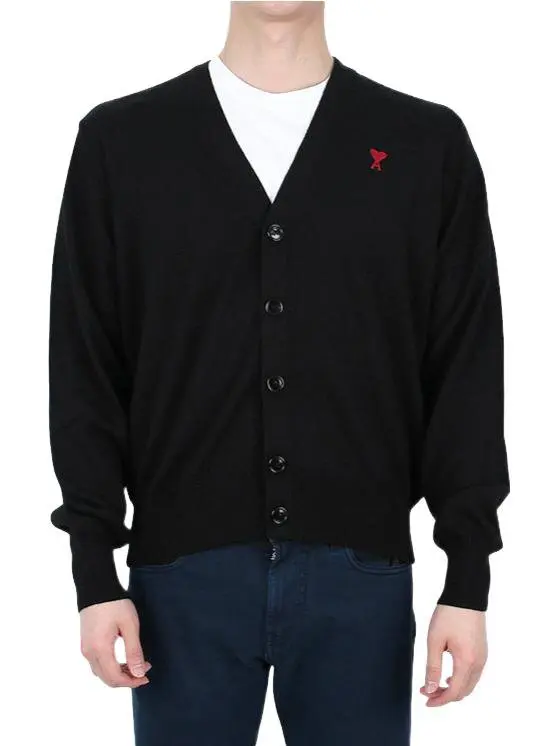 Ami Long Sleeve Cardigan With Logo Embellishment - Black