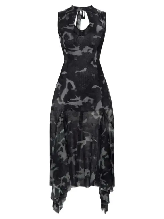MISBHV Keyhole-neck Asymmetric Dress With Printed Sheer Fabric - Black