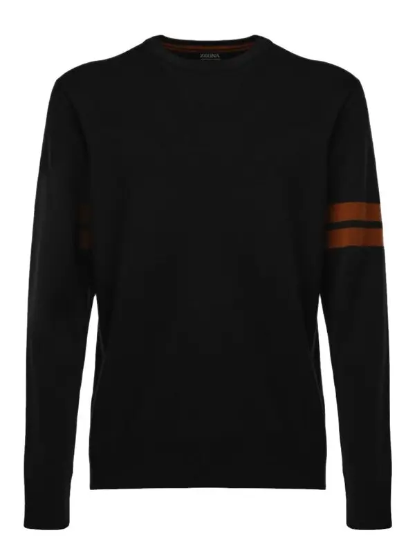Zegna Wool Round-neck Pullover With Striped Sleeves - Black