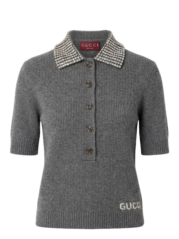 Gucci Ribbed Knit Polo With Crystal Embellished Collar - Dark Gray