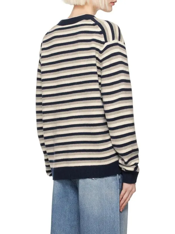 Maison Kitsuné Fox Head Intarsia Striped Cardigan - Navy Blue/white