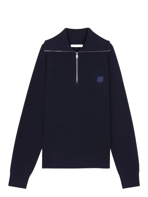 Maison Kitsuné Fox-patch Half-zip Waffle-knitted Jumper - Dark Blue