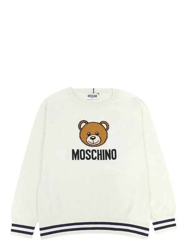 Moschino Intarsia Knit Teddy Bear Logo Sweater - White