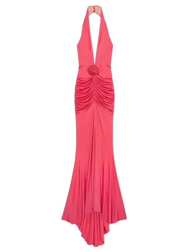 Blumarine Rose-appliqué Halterneck Maxi Dress - Pink