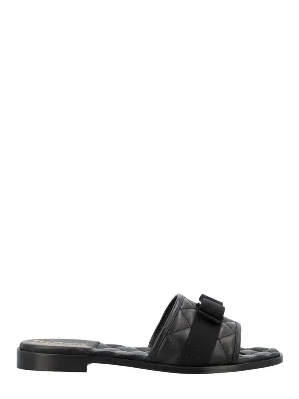FERRAGAMO Quilted Logo Bow Detail Slides - Black