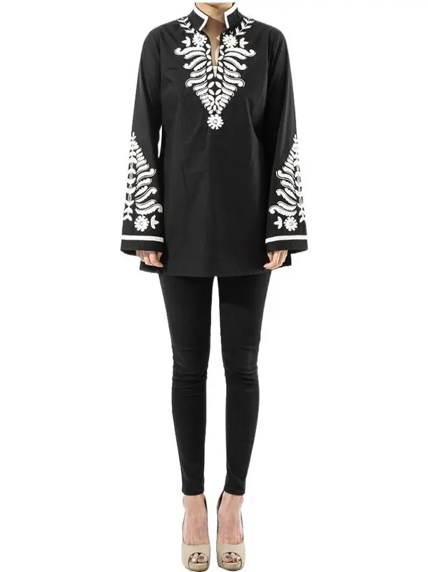 Tory Burch Long Sleeve Embroidered Top - Black