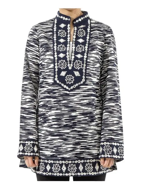 Tory Burch Long Sleeve Printed V-neck Top - Black
