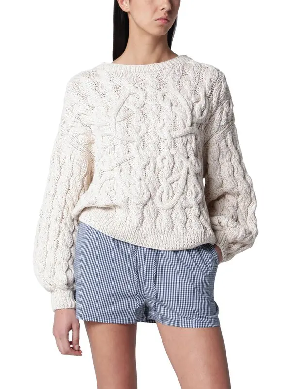 Loewe Wool Blend Cable Knit Crewneck Sweater - White