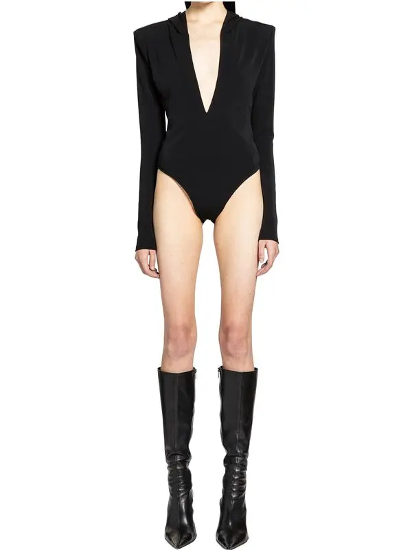 MUGLER Hooded V-neck Bodysuit With Shoulder Pads - Black