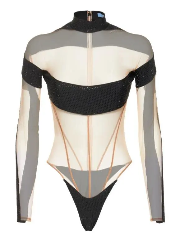 MUGLER High Neck Embellished Tulle Knit Bodysuit - Multicolor