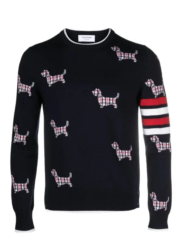 Thom Browne 4-bar Stripe Grosgrain Loop Jumper With Dog Motif - Navy Blue