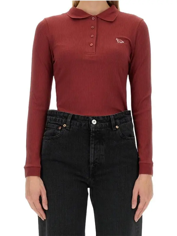 Maison Kitsuné Ribbed Long Sleeve Polo Shirt - Cherrywood