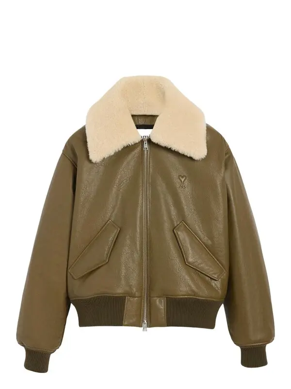 Ami Cropped Zip-up Shearling Collar Jacket - Bronze
