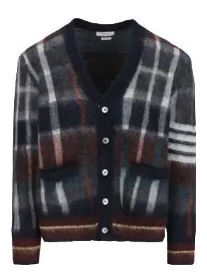 Thom Browne Plaid V-neck Cardigan With Logo Detail - Blue