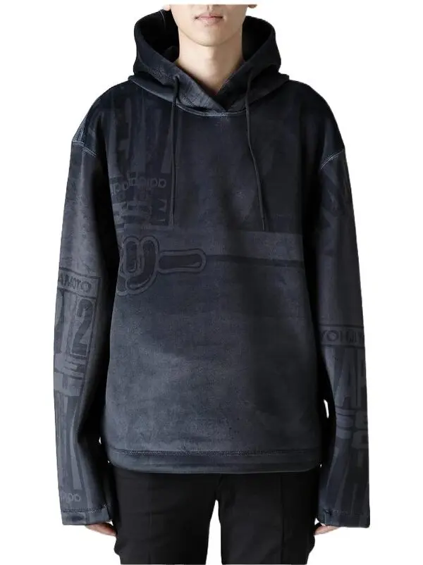 Y3 Tonal Logo Print Velvet Hoodie - Black