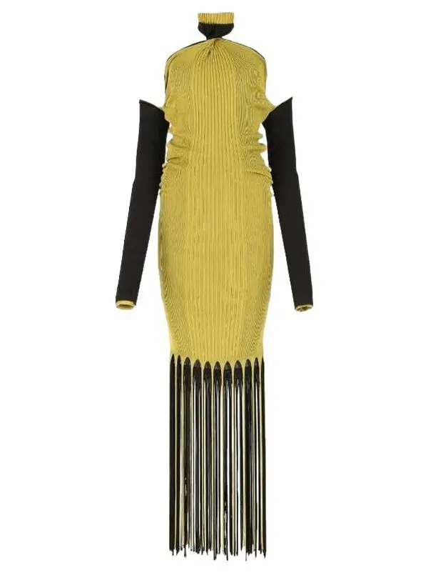 Bottega Veneta Halterneck Ribbed Fringed Dress - Yellow