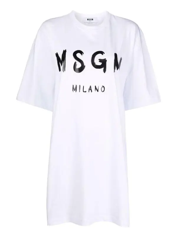 MSGM Logo Printed Crewneck T-shirt Dress - White