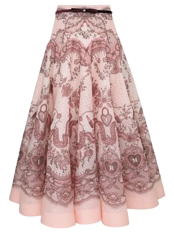 Zimmermann Printed Midi Dress With Crystal Bow Belt - Pink Lace Print