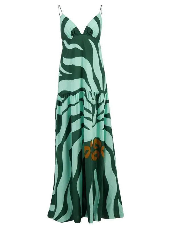 Johanna Ortiz Zebra Print Tiered Maxi Dress - Green