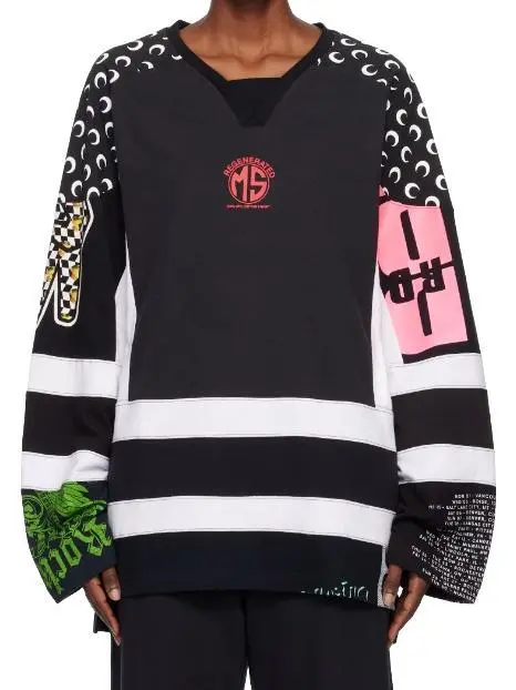 MARINE SERRE Upcycled Graphic Jersey Long Sleeve Hockey T-shirt - Black