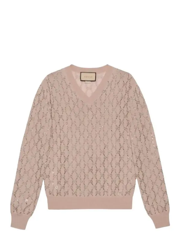 Gucci Gg Embellished V-neck Fine Knit Jumper - Nude