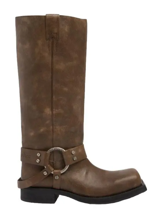 Acne Studios Square-toed Short Boots With Metal Ring Detail - Brown