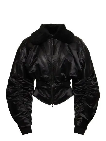 MUGLER Zip-up Bomber Jacket With Fur Collar - Black