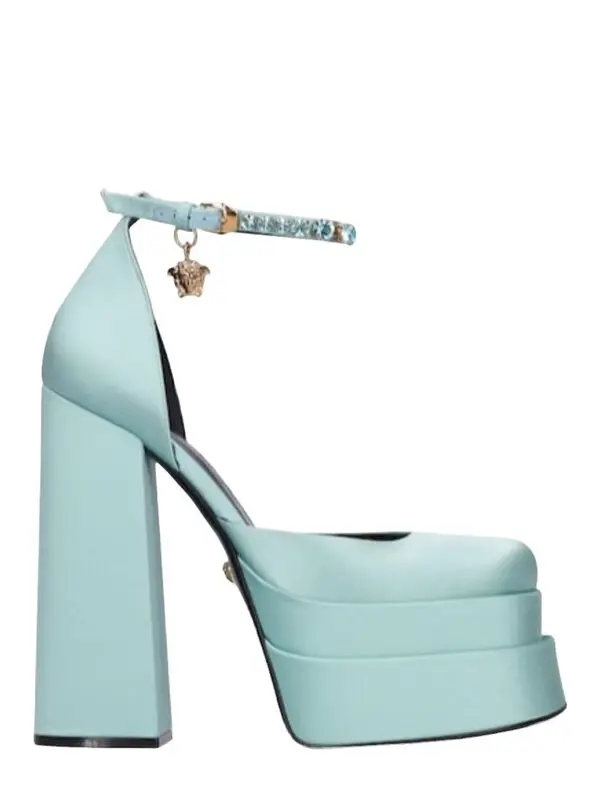 Versace Waterproof Satin Platform High Heels With Crystal Embellishments - Blue