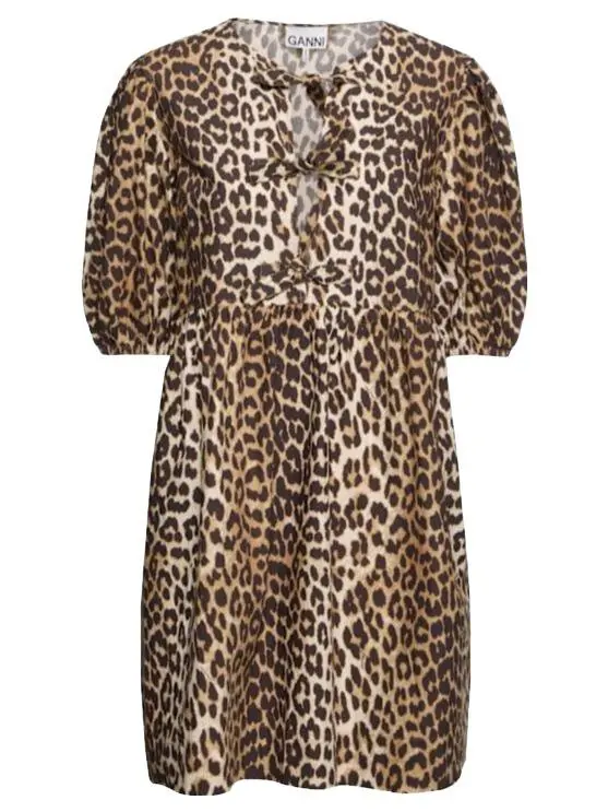 GANNI Leopard Print Puff Sleeve Mini Dress - Multicolor