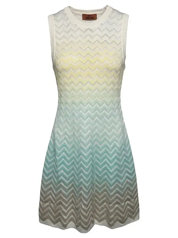 Missoni Sleeveless Mini Dress With Pleated Hem - Light Blue Tones