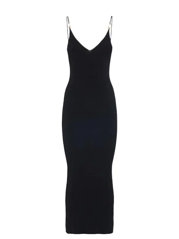 Versace Ribbed V-neck Sling Dress With Safety Pin Detail - Black