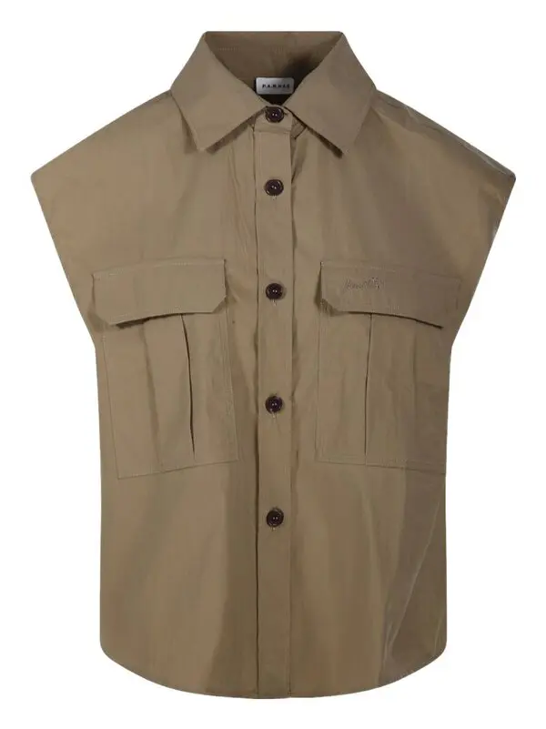 P.a.r.o.s.h Sleeveless Shirt With Embroidered Logo And Pockets - Brown