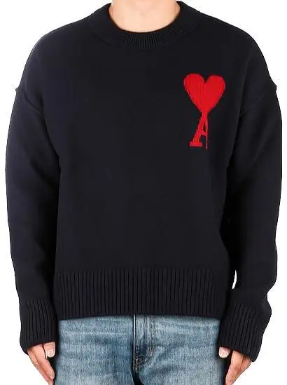 Ami Navy Crew Neck Sweater With Red De Coeur Logo - Black