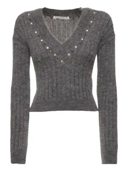 Alessandra Rich Embellished Ribbed Knit Sweater - Black