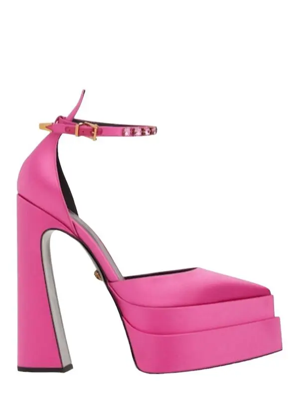 Versace Satin Platform High Heels With Embellished Ankle Strap - Pink