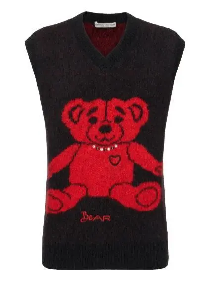 Alessandra Rich Embellished Teddy Bear Knit Vest - Black