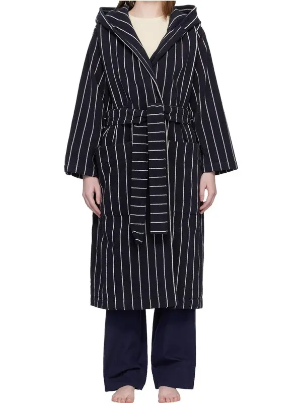 TEKLA Striped Hooded Bathrobe - Black