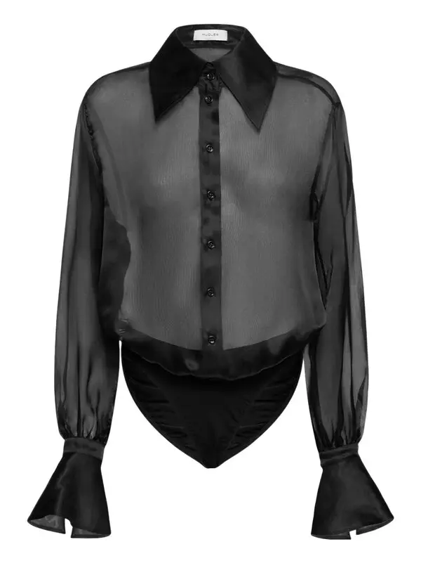 MUGLER Sheer Long-sleeve Button-front Jumpsuit - Black