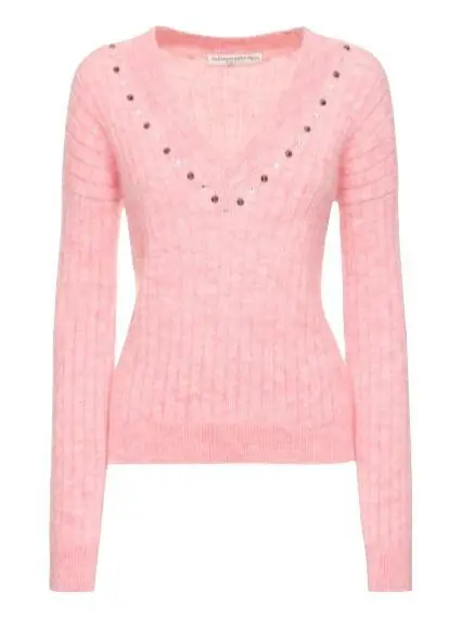 Alessandra Rich Crystal Embellished Ribbed Sweater - Pink