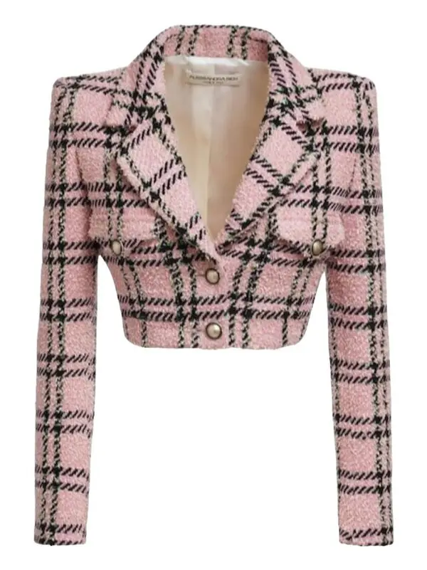 Alessandra Rich Cropped Plaid Tweed Jacket - Nude