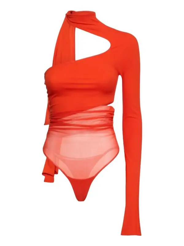 MUGLER Asymmetrical Jersey Mesh Jumpsuit - Red