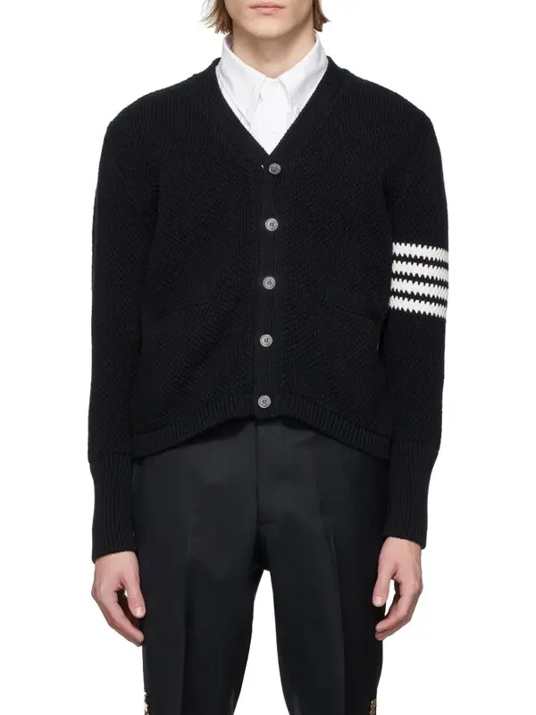 Thom Browne Seed Stitch Cotton 4-bar High-neck Cardigan - Navy Blue