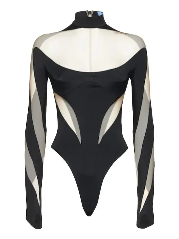 MUGLER High Neck Sheer Panel Bodysuit - Black