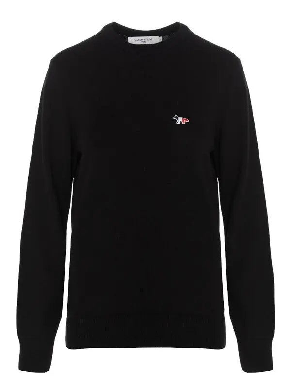 Maison Kitsuné Round Neck Knitted Pullover With Fox Embroidery - Black
